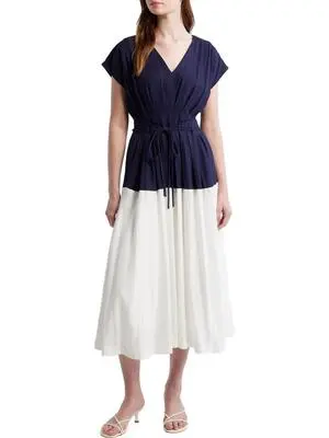 ZOE AND CLAIRE Colorblock Pleat Tie Belt Dress - Navy