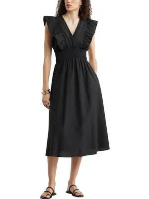 Nordstrom Flutter Sleeve Smocked Waist Midi Dress - Black
