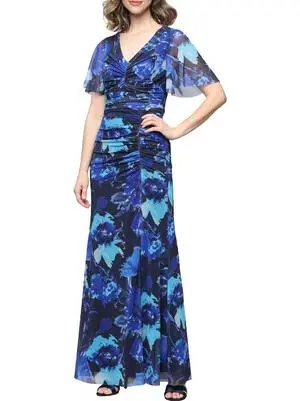 SL FASHIONS SL Fashions Floral Print Ruched Maxi Dress