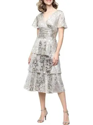 SL FASHIONS SL FASHIONS Metallic Layered Ruffle V-Neck Dress