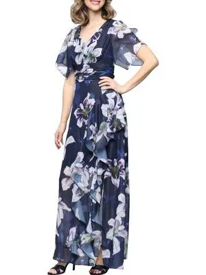 SL FASHIONS Metallic Floral Print Chiffon Dress - Navy Multi