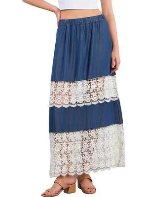 WASH LAB DENIM Lace Trim Maxi Skirt - Denim