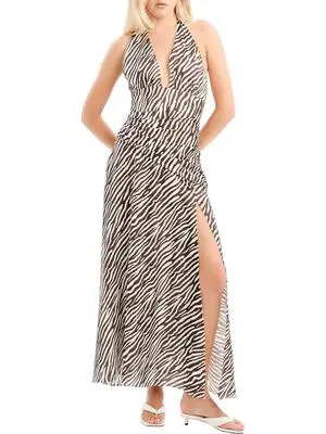 Bardot Zebra Print Halterneck Maxi Dress - Chocolate Zebra