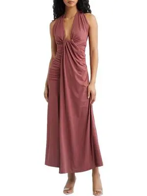Bardot Plunging Halter Neck Maxi Dress - Soft Rust
