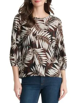 Jones New York Palm Print Top With Scoop Neck And 3/4 Sleeves - Fudge Multi