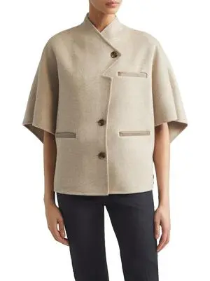 Max Mara Cashmere Cape With Leather Trim - Stone