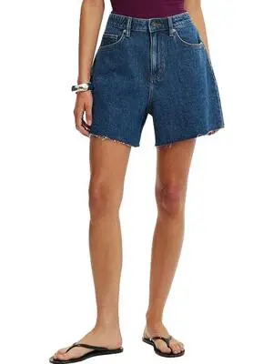 COTTON ON High Waisted '90s Denim Shorts With Raw Hems - Gemini Blue Raw