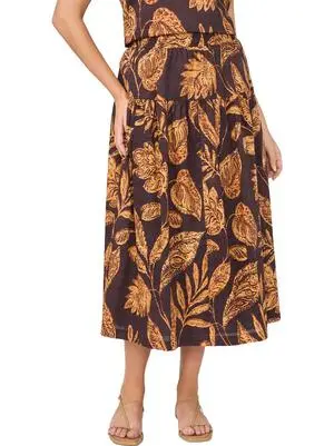 Halogen Tiered Printed Cotton Midi Skirt - Rum Raisin