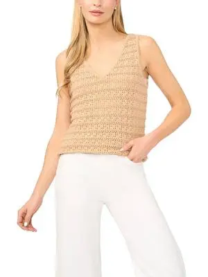 Halogen Openwork Sleeveless V-neck Sweater - Sesame