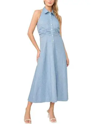 Halogen Button-up Cotton & Linen Blend Halter Shirtdress - Medium Chambray