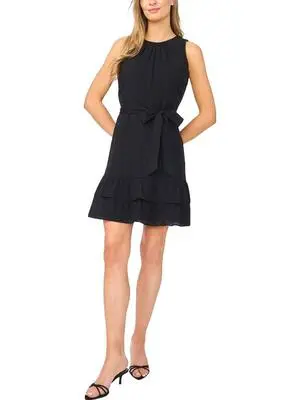 Halogen Ruffle Hem Sleeveless Tie Waist Mini Dress - Rich Black