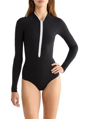 Hunza G Tyra Raglan Sleeve One-piece Rashguard Swimsuit - Black