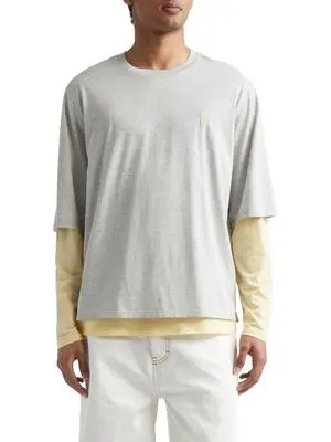 AMI Paris De Coeur Embroidered Layered Long Sleeve Cotton T-shirt - Gris Chine Clair/jaune