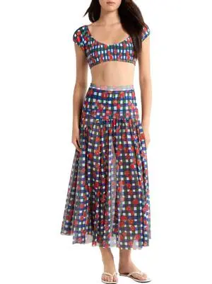 HUTCH Maeden Floral Cover-up Midi Skirt - Gingham Tomatoes Blue/green