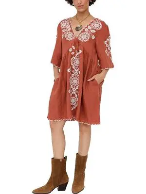 RAFFYA Arabella V-neck Embroidered Mini Dress - Rust