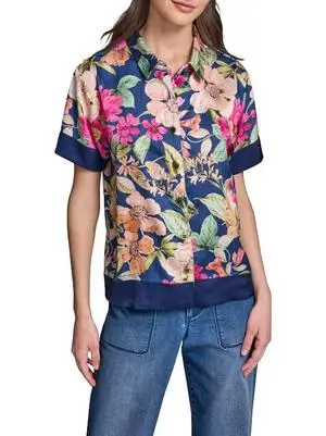 Karl Lagerfeld Paris Floral Short Sleeve Shirt - Currant/light Blush Multi