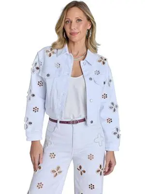THE NOLI SHOP Kaia Pearl Embellished Cropped Denim Jacket - White