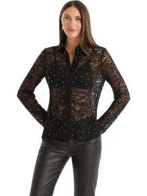 THE NOLI SHOP Jena Lace Button-up Shirt With Stud Embellishments - Black
