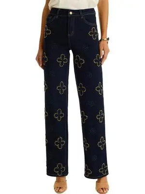 THE NOLI SHOP Kaia Embellished High Rise Straight Leg Jeans - Indigo