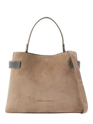 Brunello Cucinelli Suede Shoulder Bag With Monili Bead Embellishments - Gray