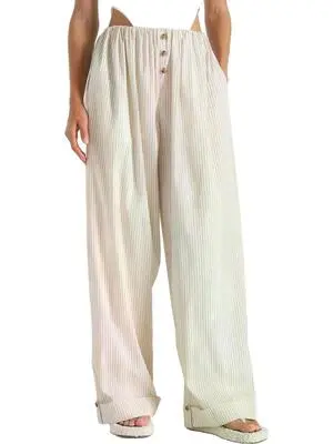 Manière De Voir Ivanna Elasticated Wide Leg Striped Cotton Trousers - Neutrals
