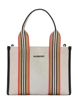 Burberry Mini Icon Stripe Trimmed Canvas Tote - Neutrals