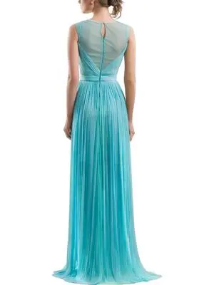 IMROSKA Pleated Maxi Dress With Side Slit - Blue