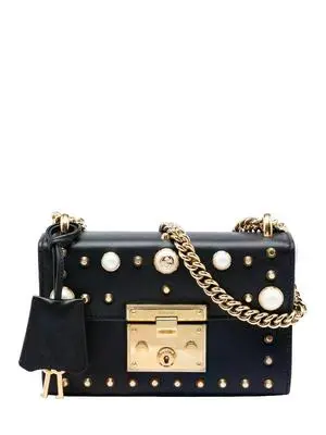 Gucci Small Pearl Studded Leather Padlock Crossbody Bag - Black