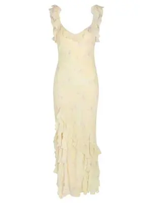 LoveShackFancy Floral Print Ruffled Maxi Dress - Yellow
