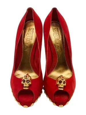 Alexander McQueen Suede Skull Embellished Peep-toe Pumps - Red
