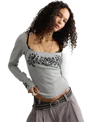 Free People Olivia Embroidered Long-sleeve Top - Grey Combo