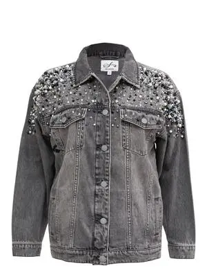 SANA T Sana "hand Crafted" Rhinestone Denim Jacket - Grey