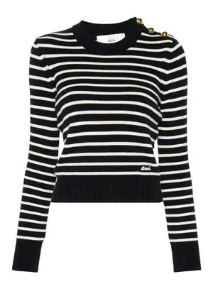 AMI Paris Striped Crewneck Knitted Jumper With Gold Button Detail - Black