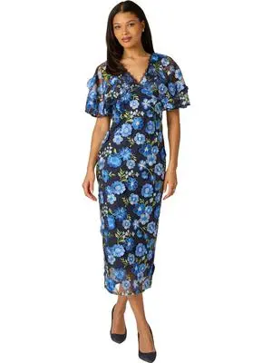 Adrianna Papell Floral Embroidered Midi Dress With Cape Sleeves - Blue Multi
