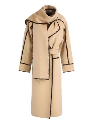 Maje Whipstitched Wool-blend Felt Coat With Detachable Scarf - Beige