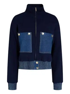 Sandro Paneled Denim Knit Jacket - Navy
