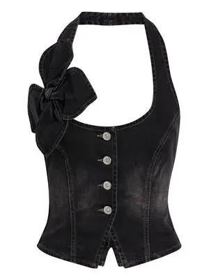 AREA Floral Appliquéd Denim Halterneck Top - Black