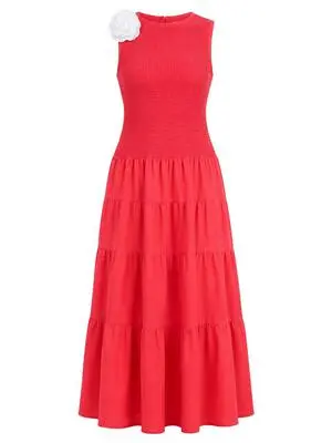 MARIELĒ Valentina Linen Maxi Dress With Detachable Flower Pin - Red