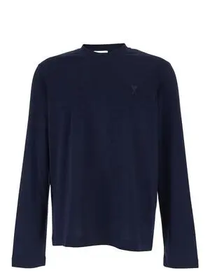 AMI Paris Blue Long-sleeve T-shirt With Adc Embroidery On The Front In Cotton - Multicolor