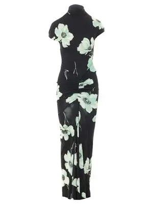 Alaïa Floral Print Draped Gathered Turtleneck Dress - Black