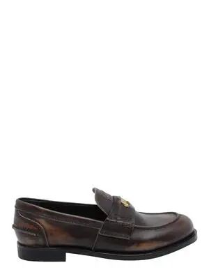 Miu Miu Distressed Calf Leather Penny Loafers - Brown