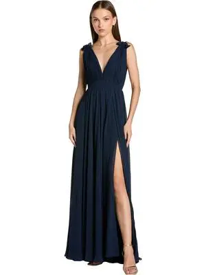 Mac Duggal Petite Pleated Chiffon Gown With Plunging V-neckline And Slit - Navy