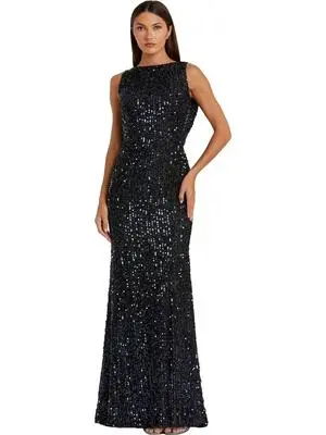 Mac Duggal Petite Sequin Evening Gown With Cowl Back - Navy