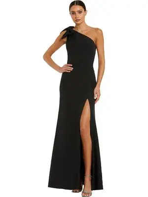 Mac Duggal Petite Crepe One-shoulder Evening Gown With Bow Detail - Black