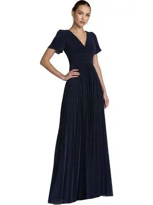 Mac Duggal Petite Pleated Metallic Flutter Sleeve A-line Gown - Navy