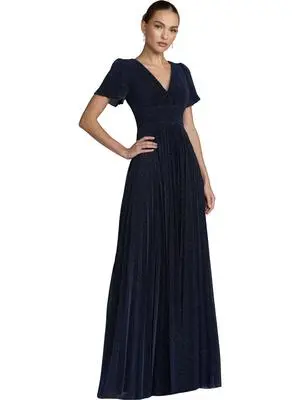MAC DUGGAL Ieena For Mac Duggal Metallic Pleated Flutter Sleeve Gown