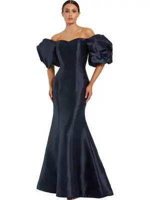 Mac Duggal Petite Off-the-shoulder Puff Sleeve Gown - Navy