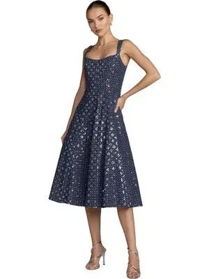 Mac Duggal Sleeveless Sequin A-line Midi Dress - Blue