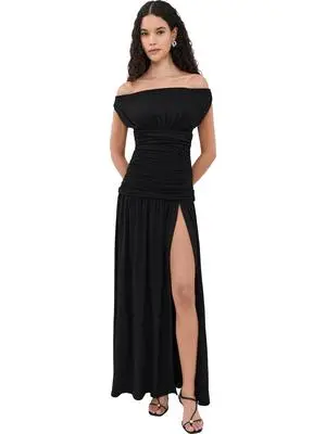 SEVEN WONDERS Iva Maxi Dress Off Shoulder, Sleeveless, Ruched - Black