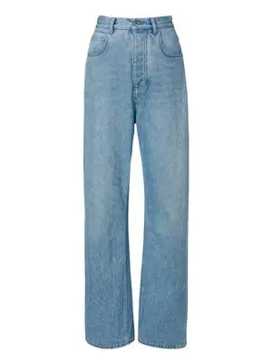Bottega Veneta Intrecciato Leather-trimmed Wide-leg Jeans - Blue